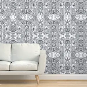 Spoonflower Black And White Vines Branches Waves Art Nouveau Traditional Wallpaper - Gray