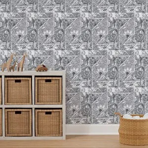 Spoonflower Black And White Vines Branches Waves Art Nouveau Traditional Wallpaper - Gray