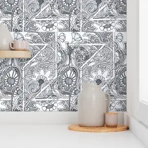 Spoonflower Black And White Vines Branches Waves Art Nouveau Traditional Wallpaper - Gray