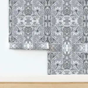 Spoonflower Black And White Vines Branches Waves Art Nouveau Traditional Wallpaper - Gray