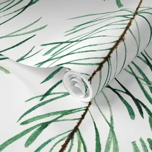 Spoonflower Pine Tree Winter Wonderland Branches Custom Removable Wallpaper - Green,white