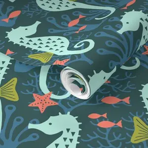 Spoonflower Aquatic Animals Ocean Seahorse Starfish Coral Sea Custom Removable Wallpaper - Blue,green,teal