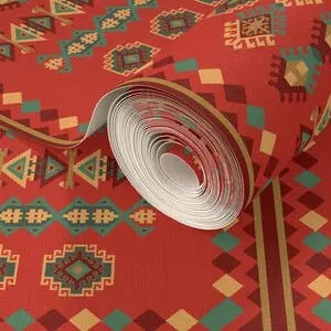 Spoonflower Rust Navajo Kilim Aztec Small 100% Natural Sisal Grasscloth Wallcovering - Orange