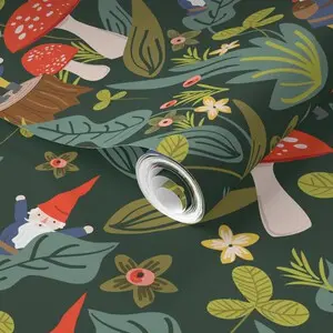 Spoonflower Red Woodland Gnomes Small Gnome Garden Mushroom Traditional Wallpaper - Green,red,orange
