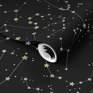 Spoonflower Constellations Space Stars Black White Night Time Custom Pre-pasted Wallpaper - Black,white,gray