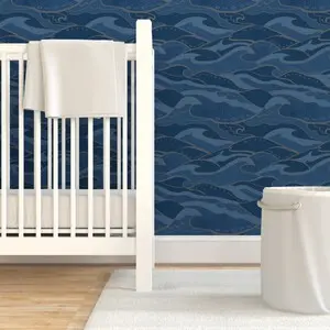 Spoonflower Great Wave Dark Navy Ocean Waves Sea Nautical Custom Pre-pasted Wallpaper