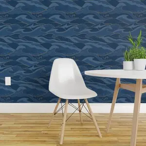 Spoonflower Great Wave Dark Navy Ocean Waves Sea Nautical Custom Pre-pasted Wallpaper