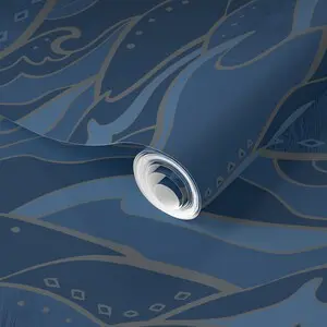 Spoonflower Great Wave Dark Navy Ocean Waves Sea Nautical Custom Pre-pasted Wallpaper - Blue
