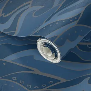 Spoonflower Great Wave Dark Navy Ocean Waves Sea Nautical Custom Pre-pasted Wallpaper - Blue