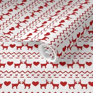 Spoonflower Red Christmas Heart Reindeer Nordic Stitch Traditional Wallpaper - White,red,brown