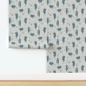 Spoonflower Birch Bears Blue Small Bear Forest Woodland Baby Traditional Wallpaper - Gray,blue