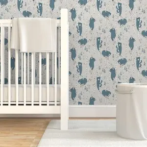 Spoonflower Birch Bears Blue Small Bear Forest Woodland Baby Traditional Wallpaper - Gray,blue