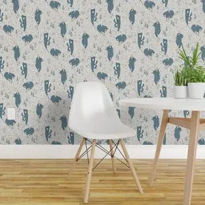 Spoonflower Birch Bears Blue Small Bear Forest Woodland Baby Traditional Wallpaper - Gray,blue