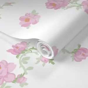 Spoonflower Floral Wreath Cottage Pink Flowers And Traditional Wallpaper - Gray,green