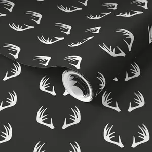 Spoonflower Grey Deer Woodland Antlers Nursery Antler Custom Pre-pasted Wallpaper - Gray