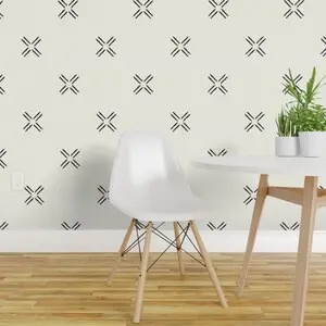 Spoonflower Cross Onyx On Bone Trendy Mud Cloth Custom Pre-pasted Wallpaper - Gray