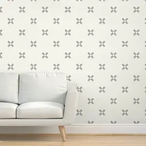 Spoonflower Cross Onyx On Bone Trendy Mud Cloth Custom Pre-pasted Wallpaper - Gray