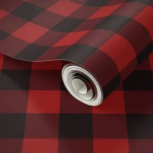 Spoonflower Buffalo Plaid Red Check Crowns Rustic Cabin Custom Pre-pasted Wallpaper - Red,black,brown