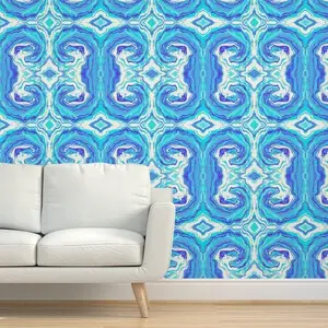 Spoonflower Tie Dye Turquoise Wave Blue Ocean Liquid 100% Natural Sisal Grasscloth Wallcovering - Turquoise,blue