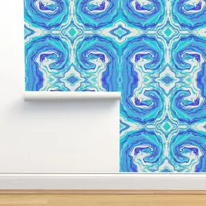 Spoonflower Tie Dye Turquoise Wave Blue Ocean Liquid 100% Natural Sisal Grasscloth Wallcovering - Turquoise,blue