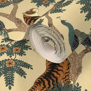 Spoonflower Tiger And Peacock Large Scale 100% Natural Sisal Grasscloth Wallcovering - Yellow