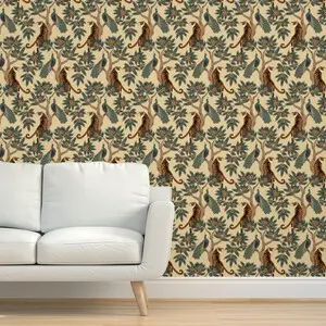Spoonflower Tiger And Peacock Large Scale 100% Natural Sisal Grasscloth Wallcovering - Yellow