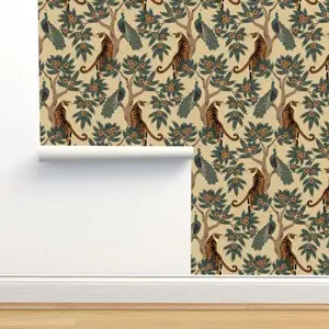 Spoonflower Tiger And Peacock Large Scale 100% Natural Sisal Grasscloth Wallcovering - Yellow