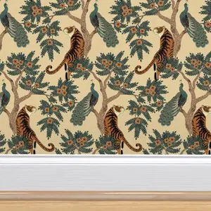 Spoonflower Tiger And Peacock Large Scale 100% Natural Sisal Grasscloth Wallcovering - Yellow