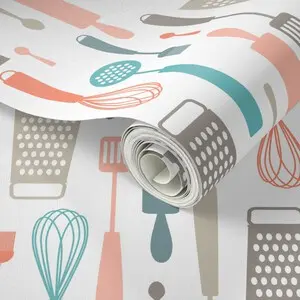 Spoonflower Kitchen Cooking Utensils Spoon Baking Cook Chef Custom Pre-pasted Wallpaper - Blue,pink,gray