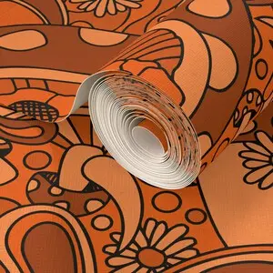 Spoonflower 70s Psychedelic Monotone Burnt Orange 100% Natural Sisal Grasscloth Wallcovering Orange