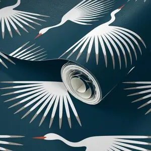 Spoonflower Art Deco Cranes Midnight Smaller Custom Pre-pasted Wallpaper - Blue