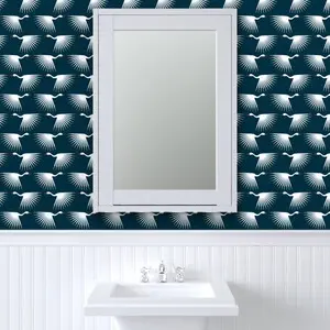 Spoonflower Art Deco Cranes Midnight Smaller Custom Pre-pasted Wallpaper - Blue