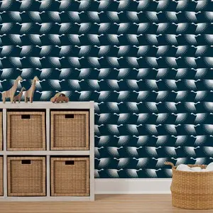 Spoonflower Art Deco Cranes Midnight Smaller Custom Pre-pasted Wallpaper - Blue