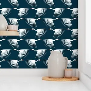 Spoonflower Art Deco Cranes Midnight Smaller Custom Pre-pasted Wallpaper - Blue