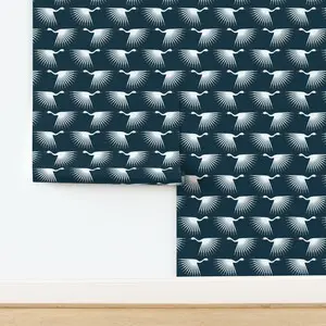 Spoonflower Art Deco Cranes Midnight Smaller Custom Pre-pasted Wallpaper - Blue
