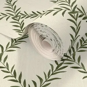 Spoonflower Leafy Trellis Olive On Cream 100% Natural Sisal Grasscloth Wallcovering - Green