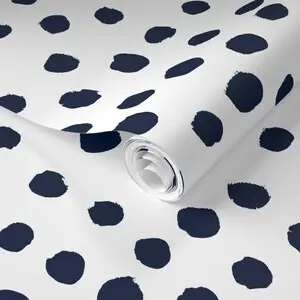 Spoonflower Dot Blue Dots Navy Custom Pre-pasted Wallpaper - Navy,blue