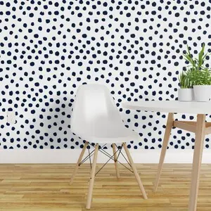 Spoonflower Dot Blue Dots Navy Custom Pre-pasted Wallpaper