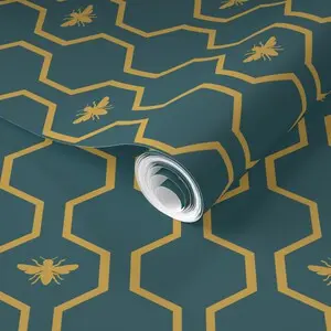 Spoonflower Bee Hive Traditional Wallpaper - Blue,yellow,green