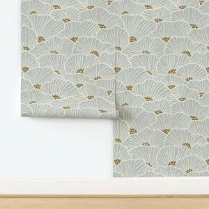 Spoonflower Flowers Petal Geometric Lines Neutral Shells 100% Natural Sisal Grasscloth Wallcovering - Gray