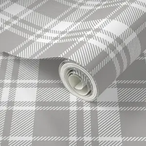 Spoonflower Fall Plaid Grey And White Tartan Little Arrow Custom Removable Wallpaper - Gray
