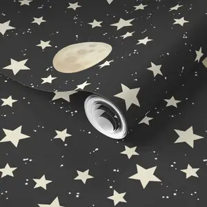 Spoonflower Space Stars Moon Black Night Astronaut Star Custom Pre-pasted Wallpaper - Black,white,gray