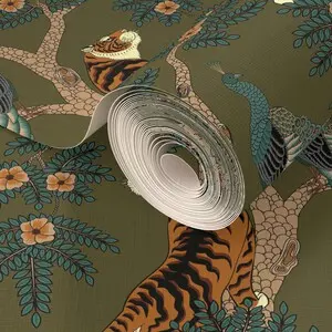 Spoonflower Tiger And Peacock Olive Large Scale 100% Natural Sisal Grasscloth Wallcovering - Green
