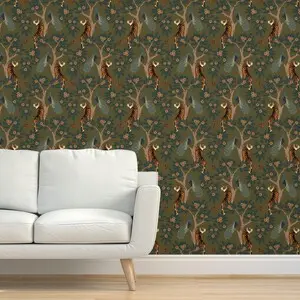 Spoonflower Tiger And Peacock Olive Large Scale 100% Natural Sisal Grasscloth Wallcovering