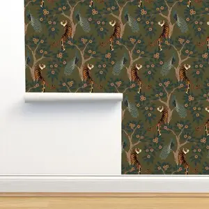 Spoonflower Tiger And Peacock Olive Large Scale 100% Natural Sisal Grasscloth Wallcovering