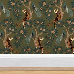 Spoonflower Tiger And Peacock Olive Large Scale 100% Natural Sisal Grasscloth Wallcovering