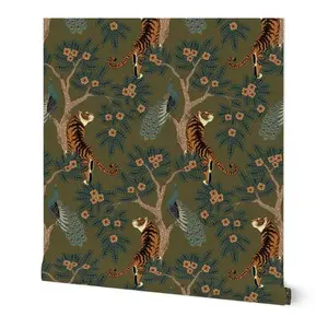 Spoonflower Tiger And Peacock Olive Large Scale 100% Natural Sisal Grasscloth Wallcovering