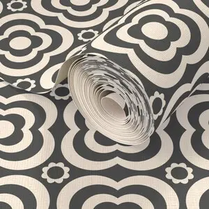 Spoonflower 70s Black And White Flower Power Medium 100% Natural Sisal Grasscloth Wallcovering - Black,white