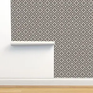 Spoonflower 70s Black And White Flower Power Medium 100% Natural Sisal Grasscloth Wallcovering - Black,white