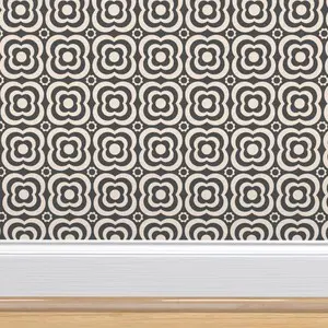 Spoonflower 70s Black And White Flower Power Medium 100% Natural Sisal Grasscloth Wallcovering - Black,white
